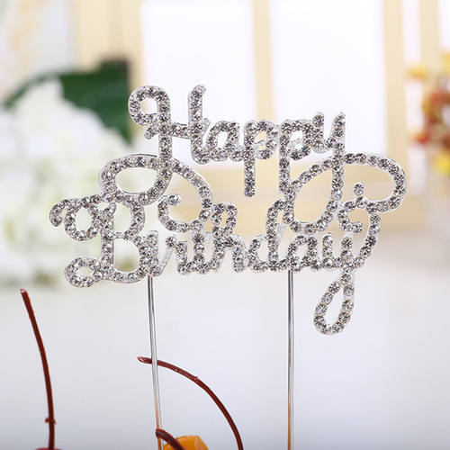Diamante Happy Birthday Cake topper Silver
